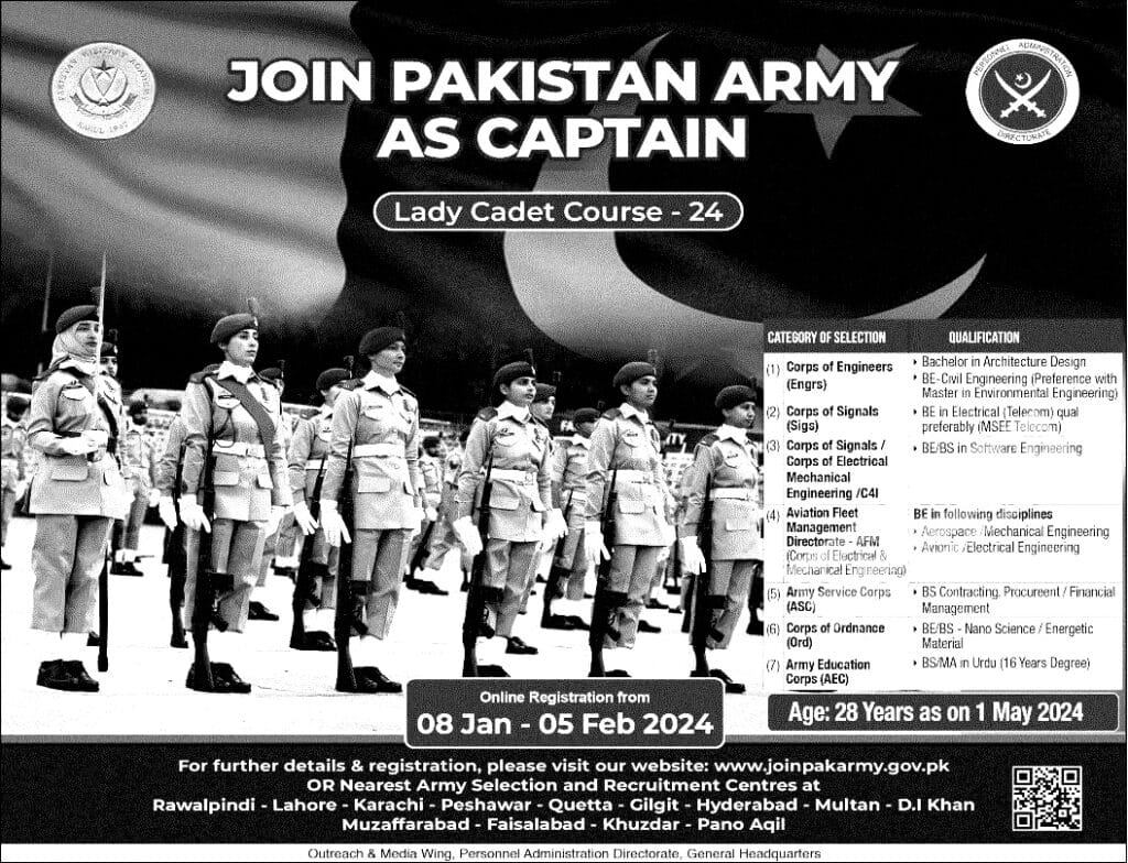 Pak Army Lady Cadet Course 2024 LLC-24 Apply Online last Date