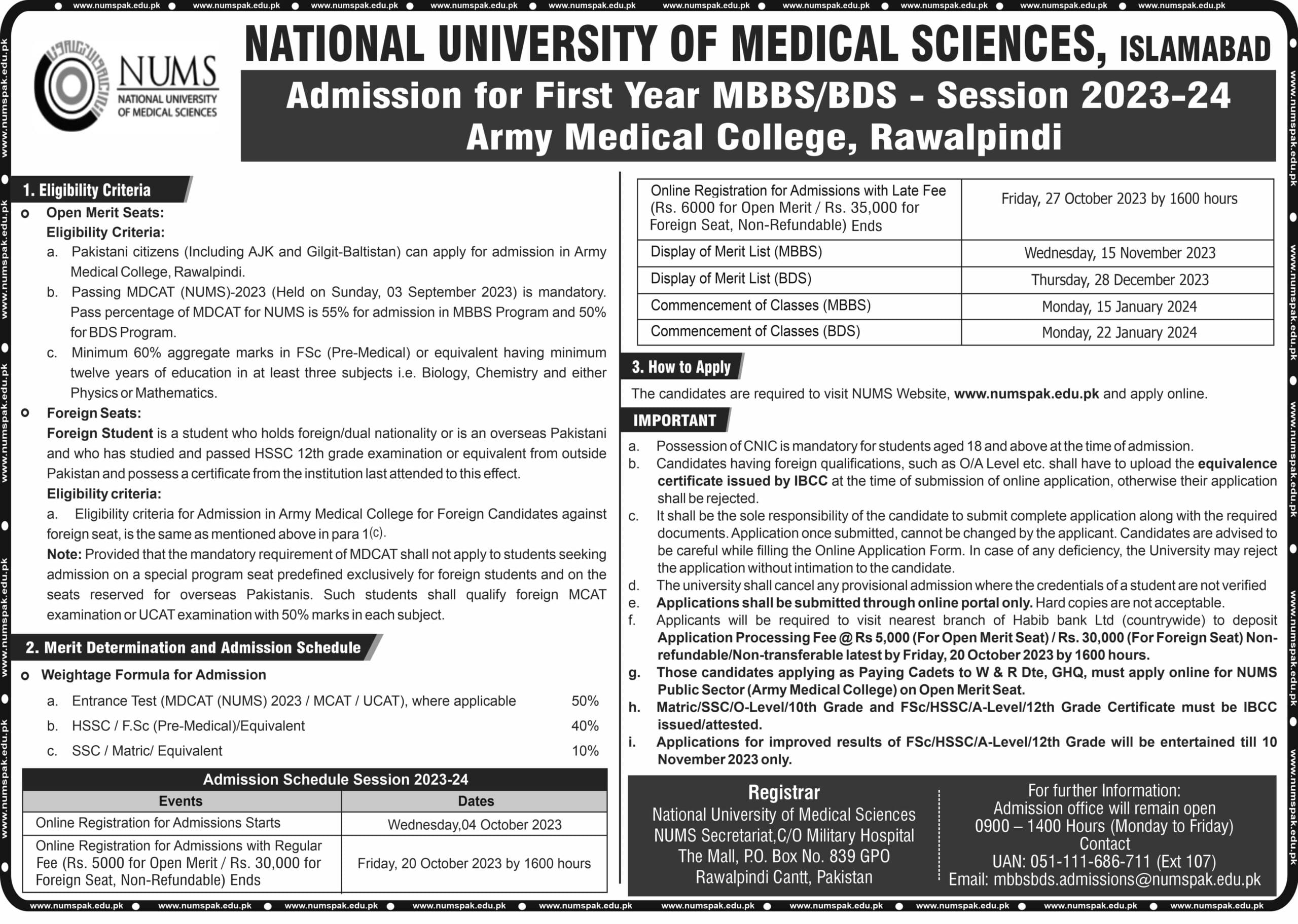 NUMS MBBS BDS Rawalpindi Admission Entry Test 2024 Apply Online Last Date